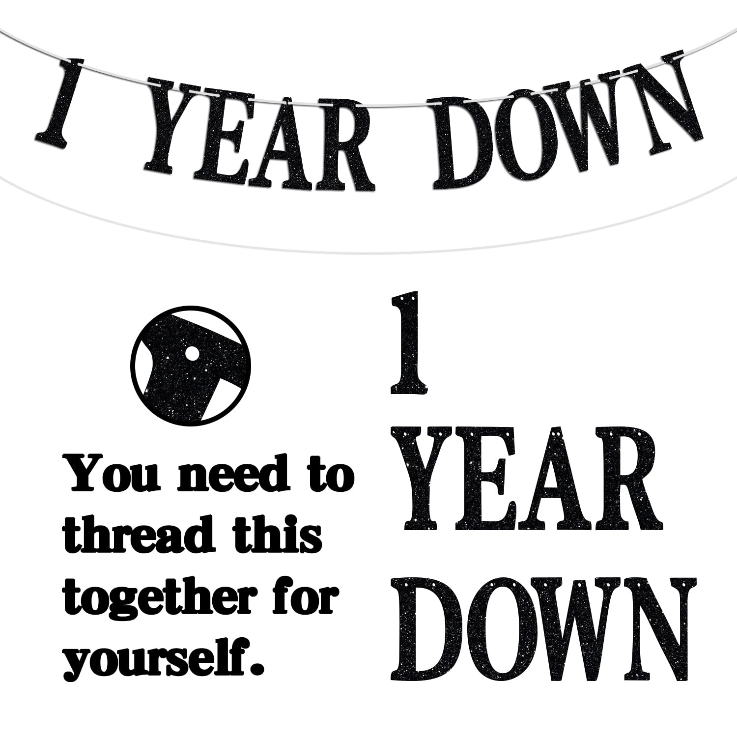 1 Year Down Forever to Go Banner, 1 Year of Marriage Gift, Happy 1st Wedding Anniversary Party Decoration Supplies, Black Glitter