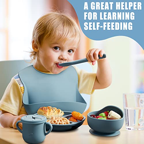 14 Pack Baby Feeding Set, Silicone Baby Led Weaning Feeding Supplies with Suction Bowl Divided Plate Adjustable Bib Soft Spoon Fork Snack Cup with Lid Drinking Cup, Utensil (Blue, Grey)