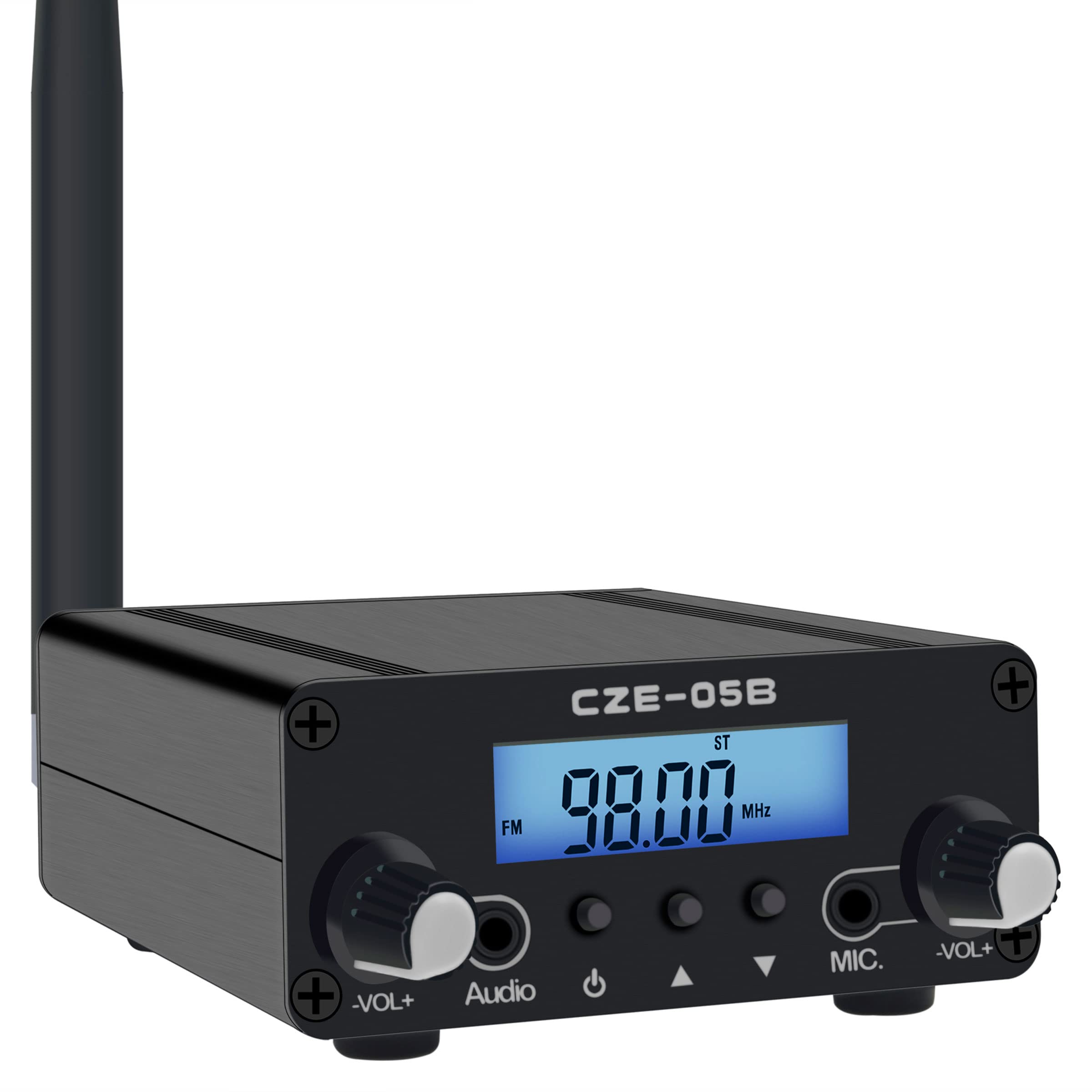 05B 0.5W FM Transmitter, Mini Radio Stereo Station PLL LCD with 3.5mm Audio Cable, for Drive-in Church Service Supermarket School, Black