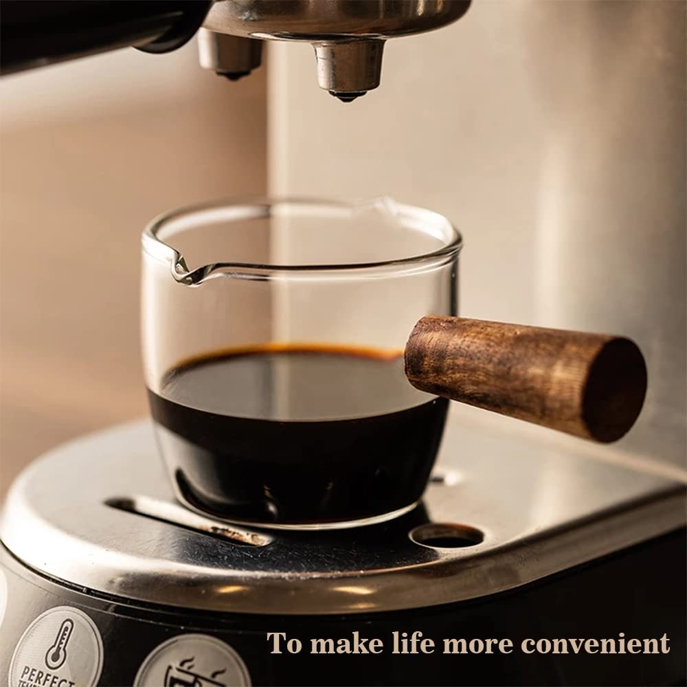 1 Pack Double Spouts Measuring Triple Pitcher Milk Cup 75ML Espresso Shot Glasses Parts Clear Glass with Wood Handle