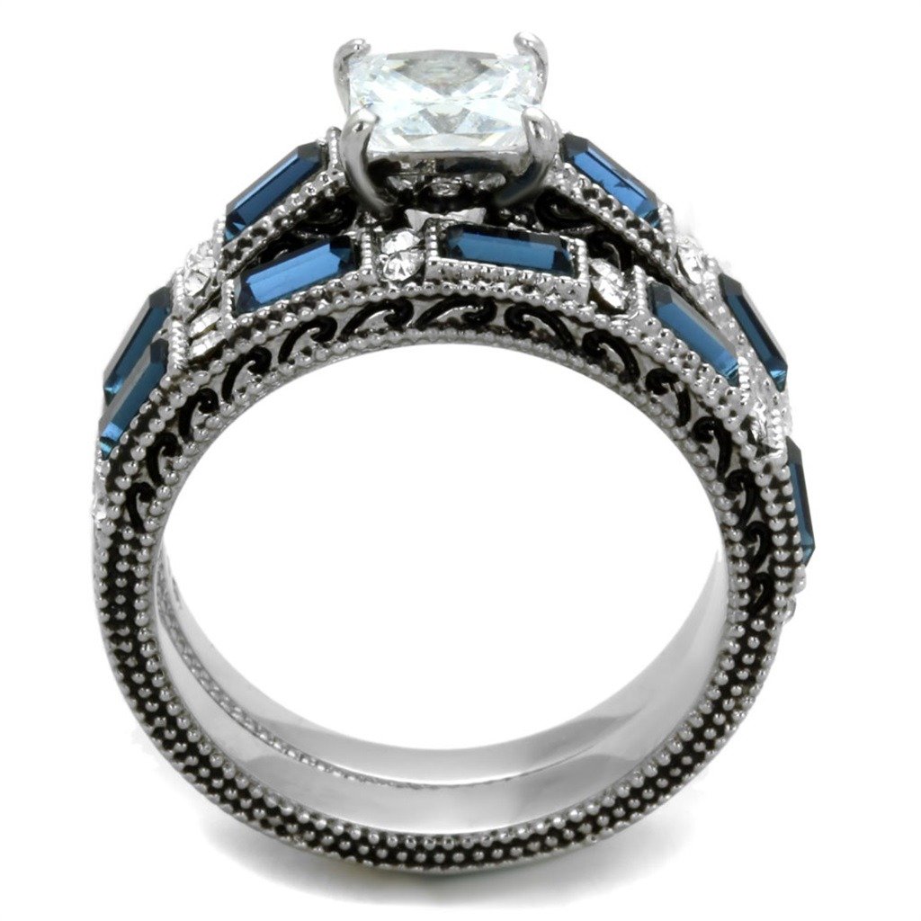 1 Carat Princess Cut CZ/Deep Blue CZ Women's Stainless Steel Wedding Ring Set- Size 10
