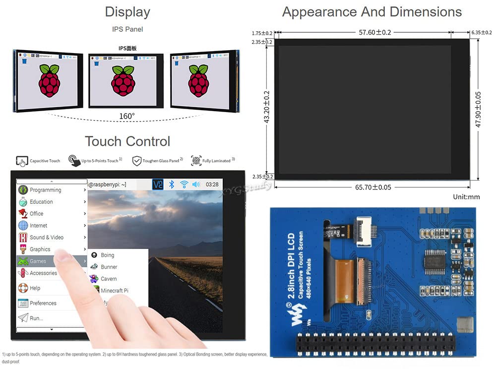 2.8 inch IPS 480×640 Display LCD DPI Interface Capacitive Touch Screen Fully Laminated Toughened Glass Cover Supports Raspbian Kali Raspberry Pi 4B/3B+/3B/2B/Zero/Zero W WH @XYGStudy