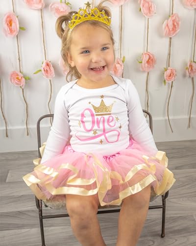 1st First 2nd Second Birthday Party Outfit- Baby Girl Pink Gold Silver Princess Tutu Set and Crown
