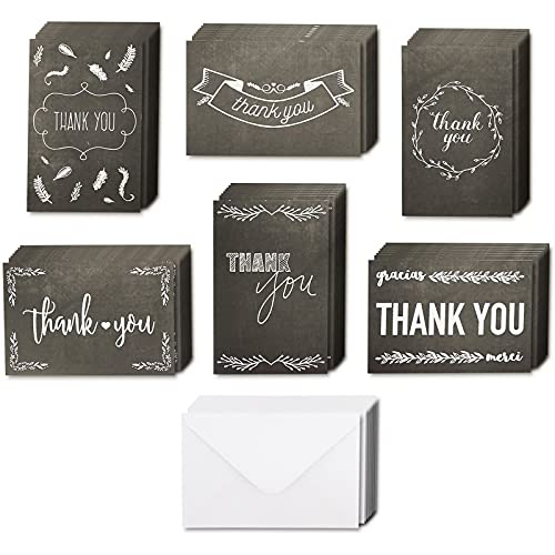 144-Count Thank You Cards with Envelopes, Blank 6 Assorted Bulk Thank You Greeting Notes Black and White Chalkboard Designs for Graduation Baby and Bridal Shower Birthday Wedding Party, 4 x 6 inches