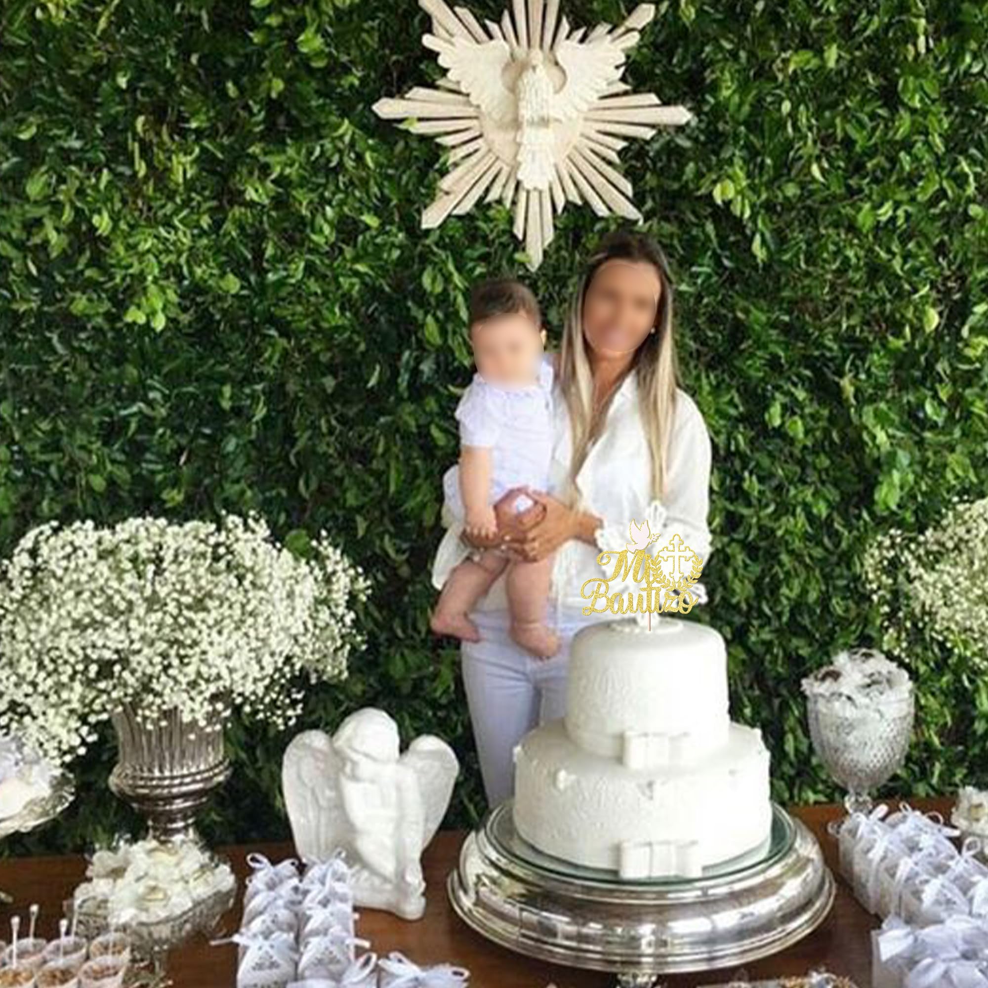 1 Pack Spanish Mi Bautizo Cake Topper Glitter Cross First Holy Communion Baptism Cake Pick Religious God Bless Baptism Cake Decoration for Baby Shower Birthday Party Supplies Gold