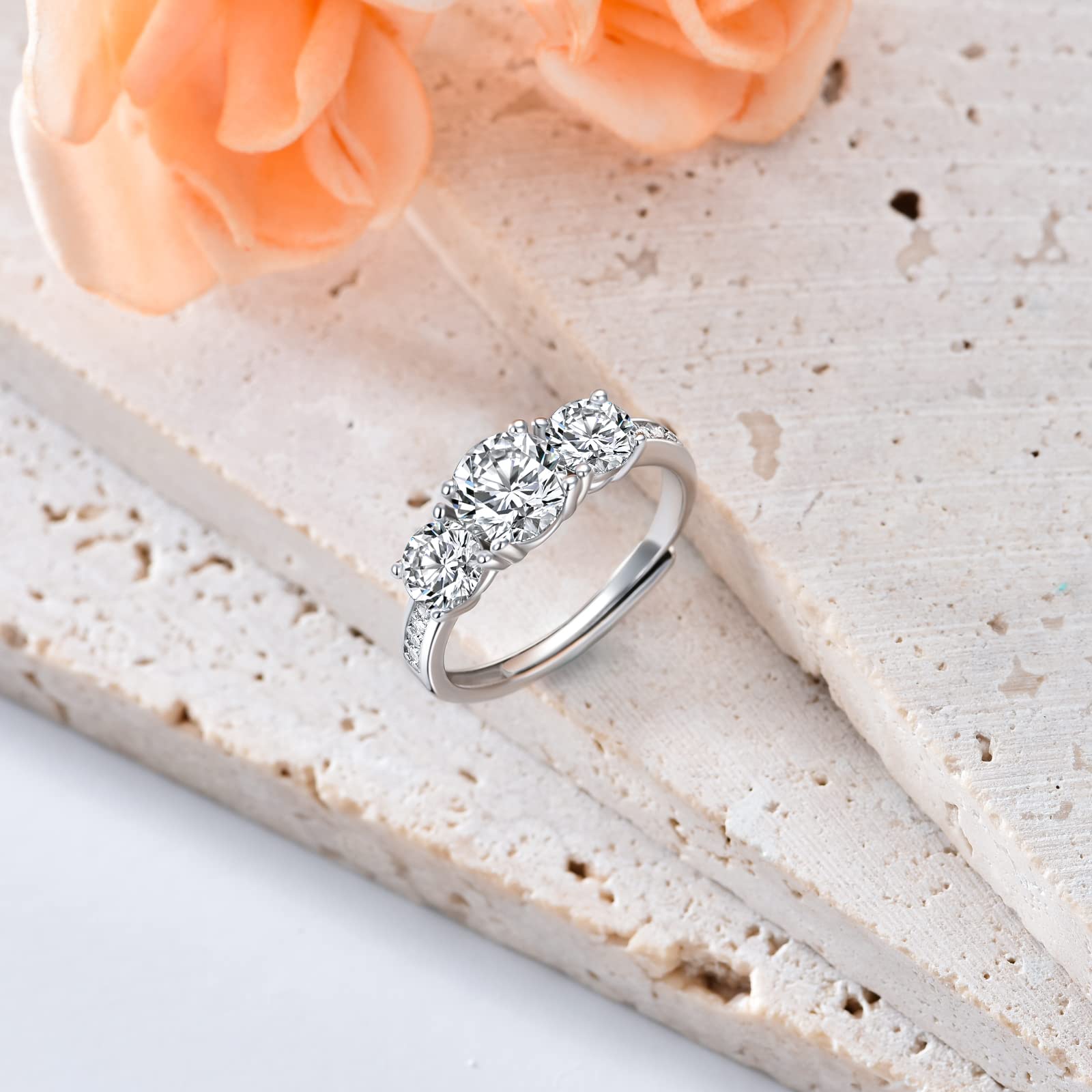 1 .15 Carat (ctw) 3-Stone Moissanite Adjustable Engagement Rings for Women Platinum Plated Silver Moissanite Rings (Adjustable size 5-9)
