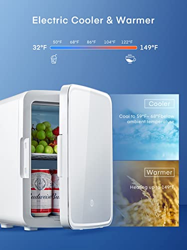 10 Liter/11 Can Mini Skincare Fridge with 3-Mode LED & Mirror, 110V AC/12V DC Portable Cooler & Warmer Small Refrigerator for Skin Care Cosmetic Makeup, Perfect for Office Bedroom Dorm Car, White