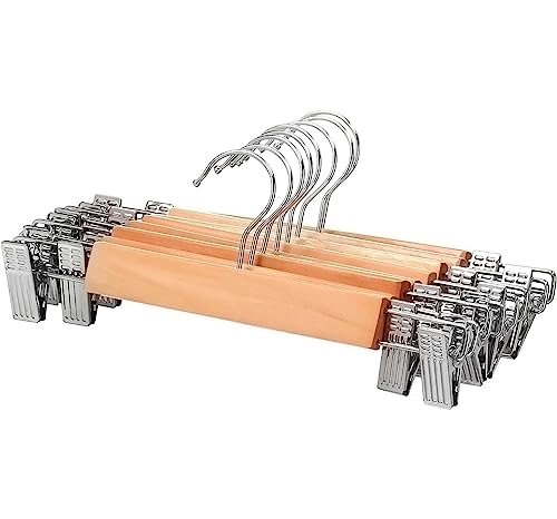 10 PACK Wooden Skirt Hangers with Clips - Smooth Finish Solid Wood Pants Hangers with clips - Natural Wood Color - Clip Hanger for Pant, Skirts, Slacks