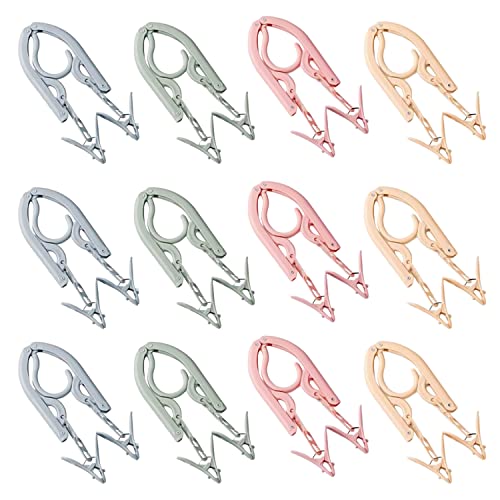 12 Pieces Folding Travel Hangers, Folding Travel Hangers, Folding Hangers Lightweight Travel Accessories Folding Drying Racks for Family Outdoor Travel (4 Colors) (Hanger + Clip)