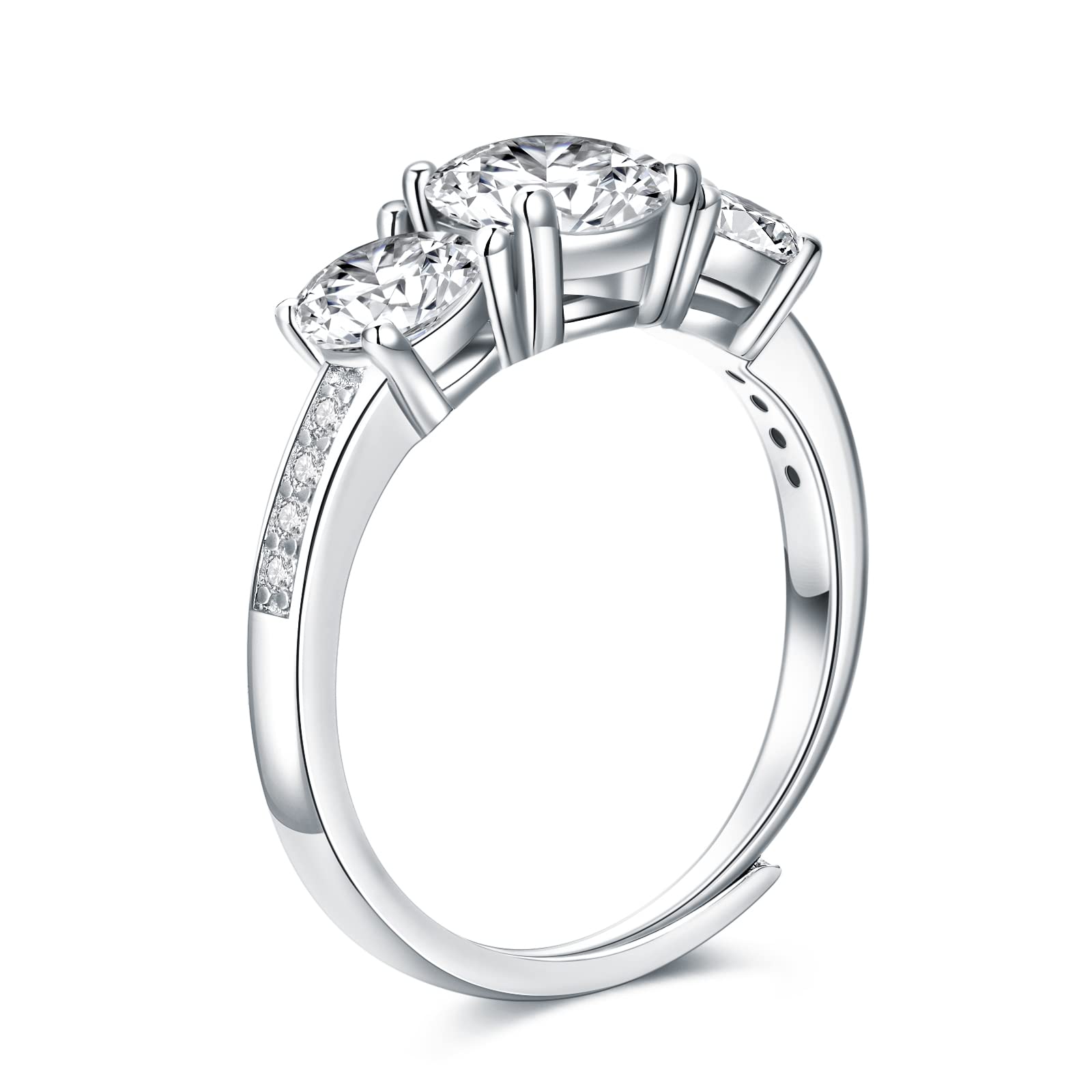 1 .15 Carat (ctw) 3-Stone Moissanite Adjustable Engagement Rings for Women Platinum Plated Silver Moissanite Rings (Adjustable size 5-9)