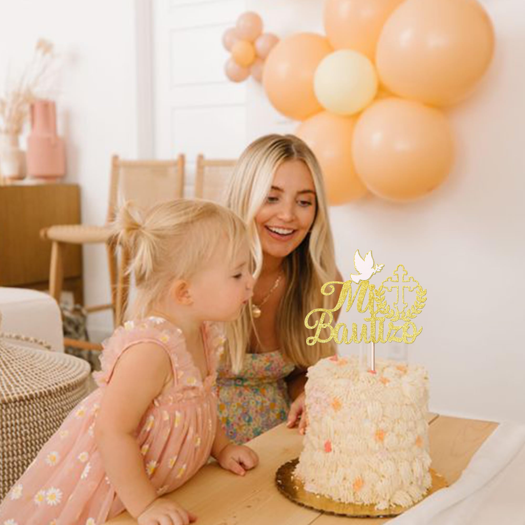 1 Pack Spanish Mi Bautizo Cake Topper Glitter Cross First Holy Communion Baptism Cake Pick Religious God Bless Baptism Cake Decoration for Baby Shower Birthday Party Supplies Gold