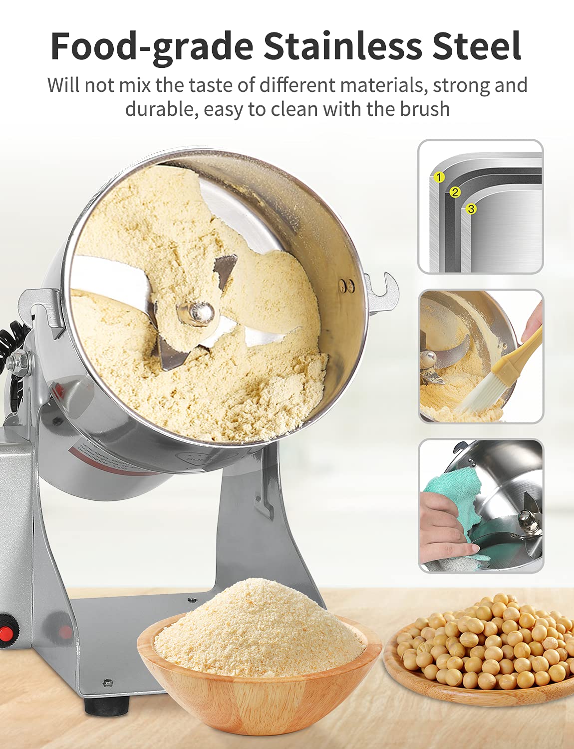 1000g Electric Grain Mill Grinder 2800W High Speed Powder Grinder Machine Stainless Steel Commercial Pulverizer Grinding Machine for Kitchen Pepper Coffee Corn