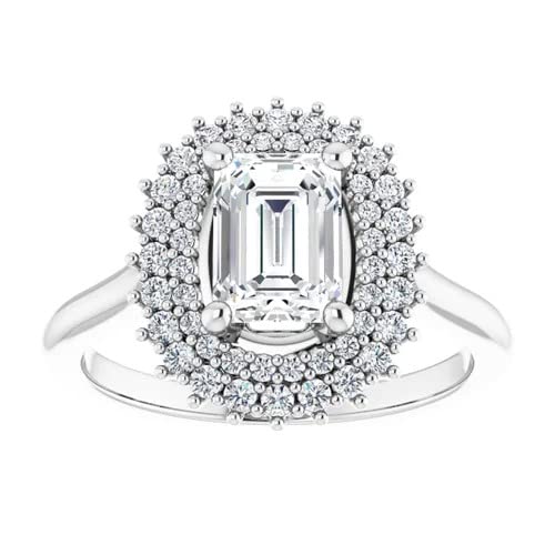 1 CT Emerald Cut Colorless Moissanite Double Halo Engagement Ring, Wedding/Bridal Ring Set, Cluster Style, 925 Sterling Silver Vintage Antique Anniversary Promise Ring Gift for Her (4.5)