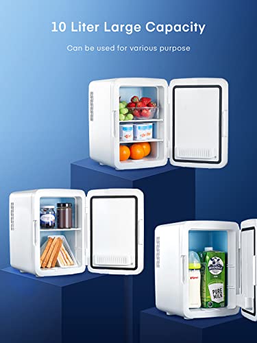 10 Liter/11 Can Mini Skincare Fridge with 3-Mode LED & Mirror, 110V AC/12V DC Portable Cooler & Warmer Small Refrigerator for Skin Care Cosmetic Makeup, Perfect for Office Bedroom Dorm Car, White