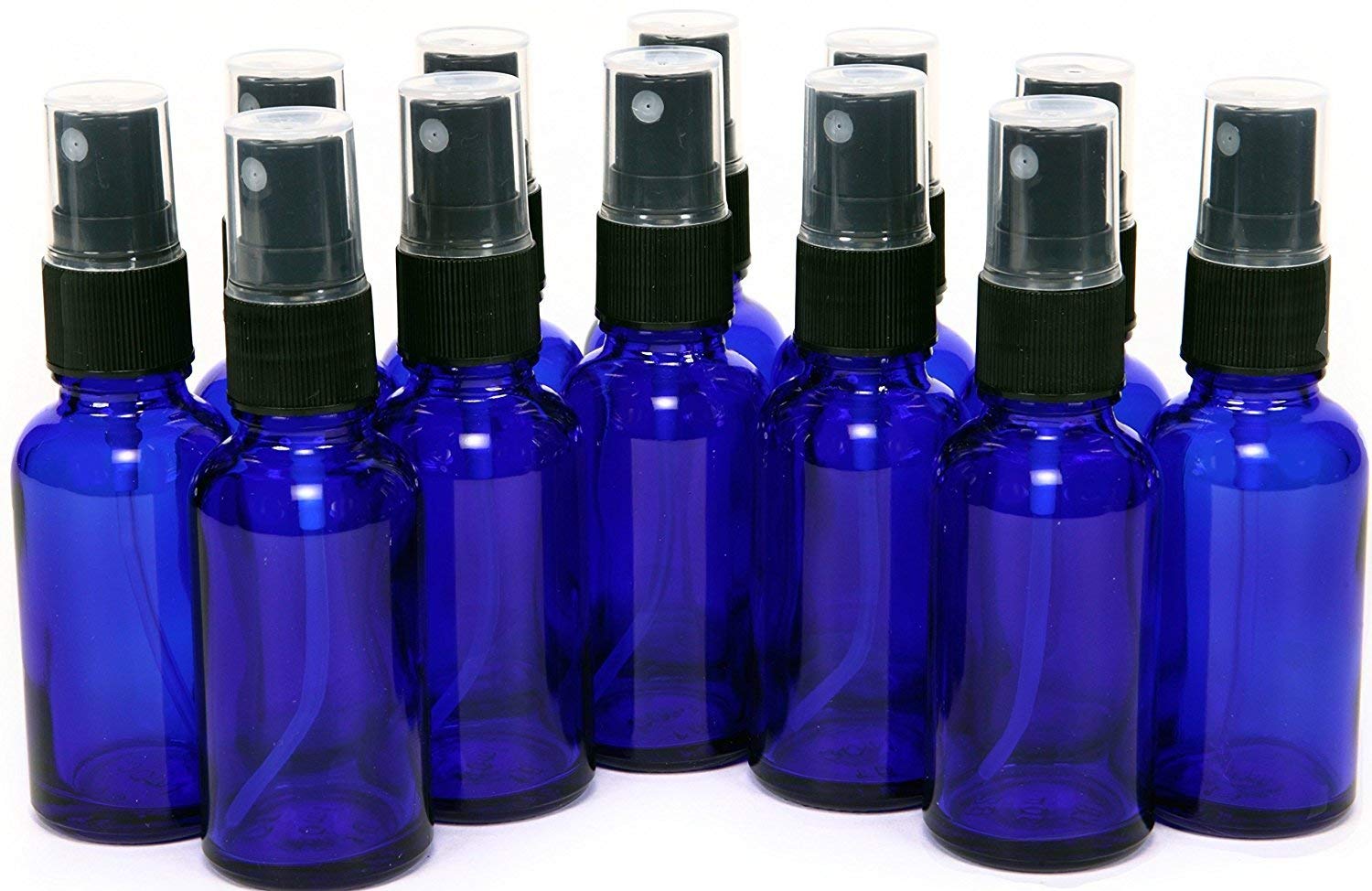 1 Oz (30 ml) Blue Boston Round Glass Bottle w/Black Fine Mist Sprayer - 12 pcs