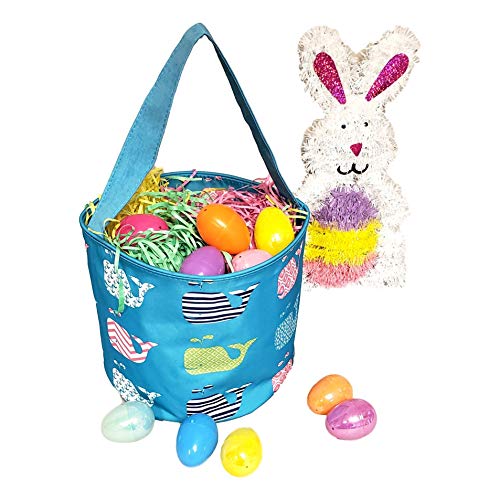 101 BEACH Fabric Bucket Tote Bag for Children - Toys - Easter Basket - Can Be Personalized (Turquoise Whale - Embroidered Name)