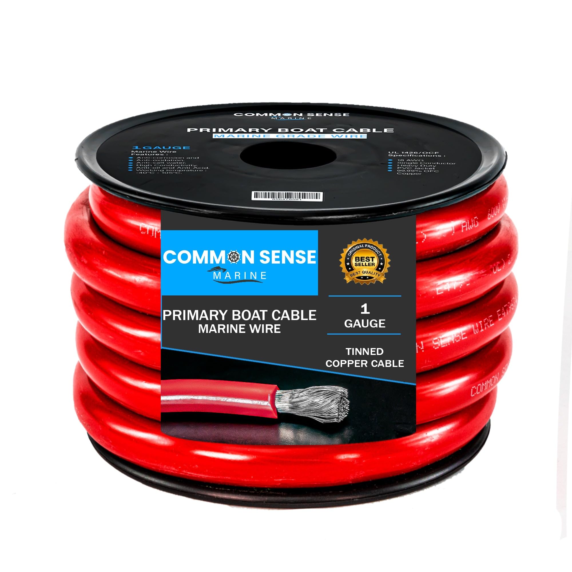 1 Gauge Primary Boat Cable - 60 ft Marine Grade Wire Tinned Oxygen-Free Copper - 1 AWG UL 1426 Standard PVC Wire for Boat, Automotive, Speakers, Camper & Trailers