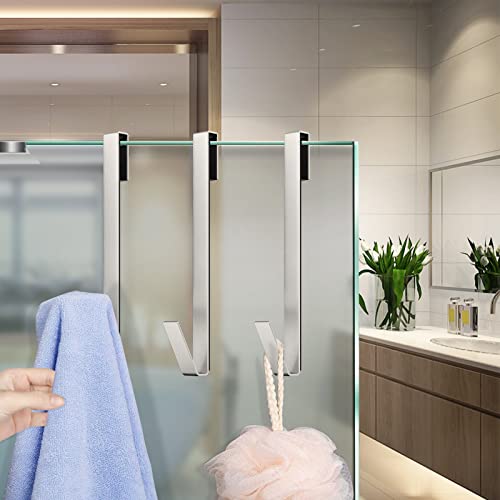 10 IN Shower Door Hooks, Towel Hooks for Bathrooms Extended Shower Hook,Heavy Duty Drilling-Free Shower Towel Hook Suitable for Frameless Glass Shower Door,Over the Door Towel Rack 3 Pack-Silver