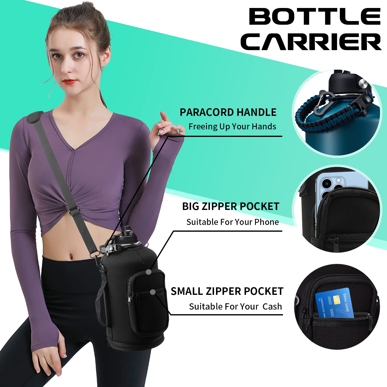 1 Gallon Water Bottle Stainless Steel - 128oz Insulated Flask with Sleeve Strap, Big Water Jug with Straw & Spout Lid, Gym Camping Gallon Water Bottle w/ Paracord Handle, protective Boot