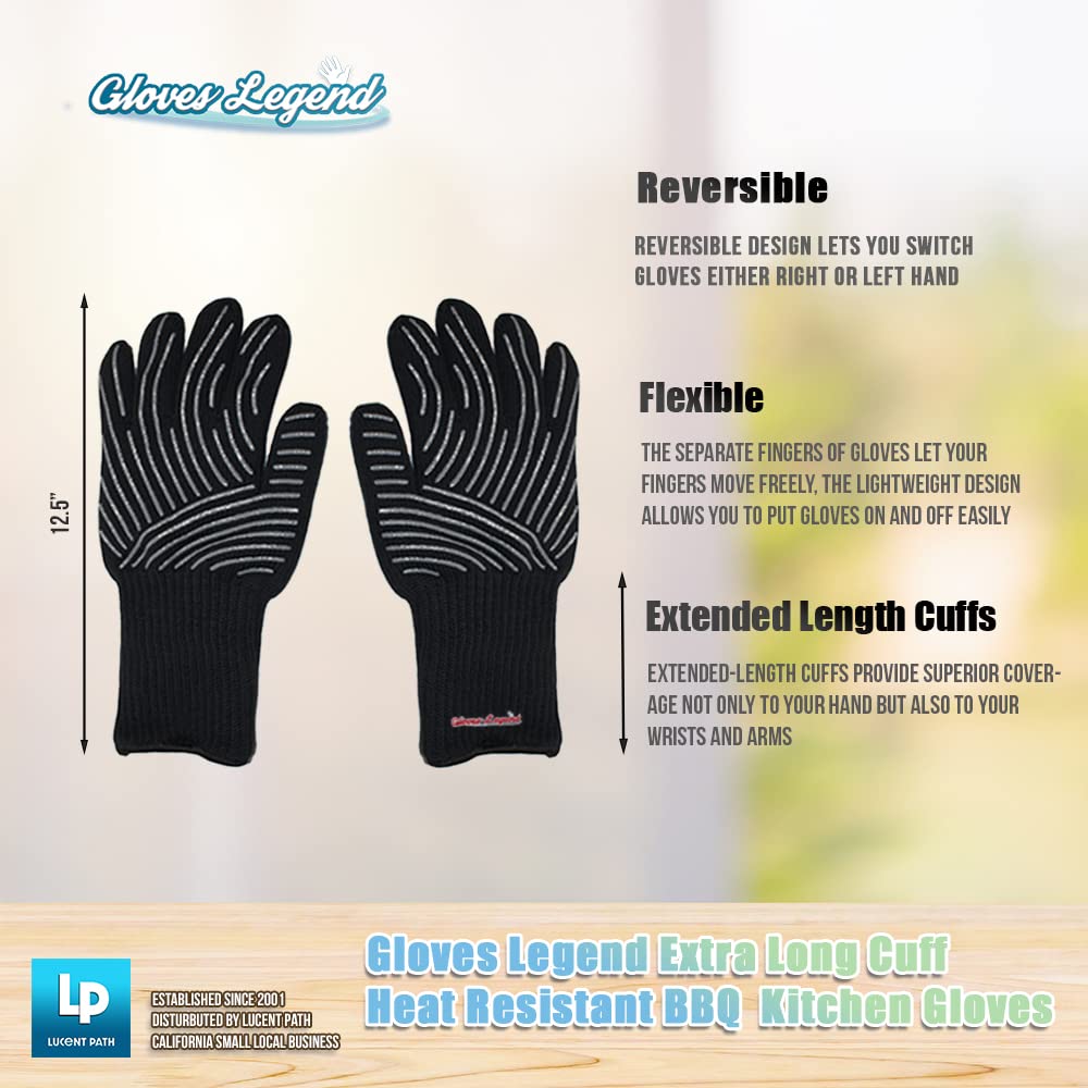 1 Pair (2 Gloves) - Gloves Legend Black Kitchen Oven BBQ Gloves β Machine Washable Heat Resistant Cooking Barbecue Grill Gloves - with Extra-Long Cuff
