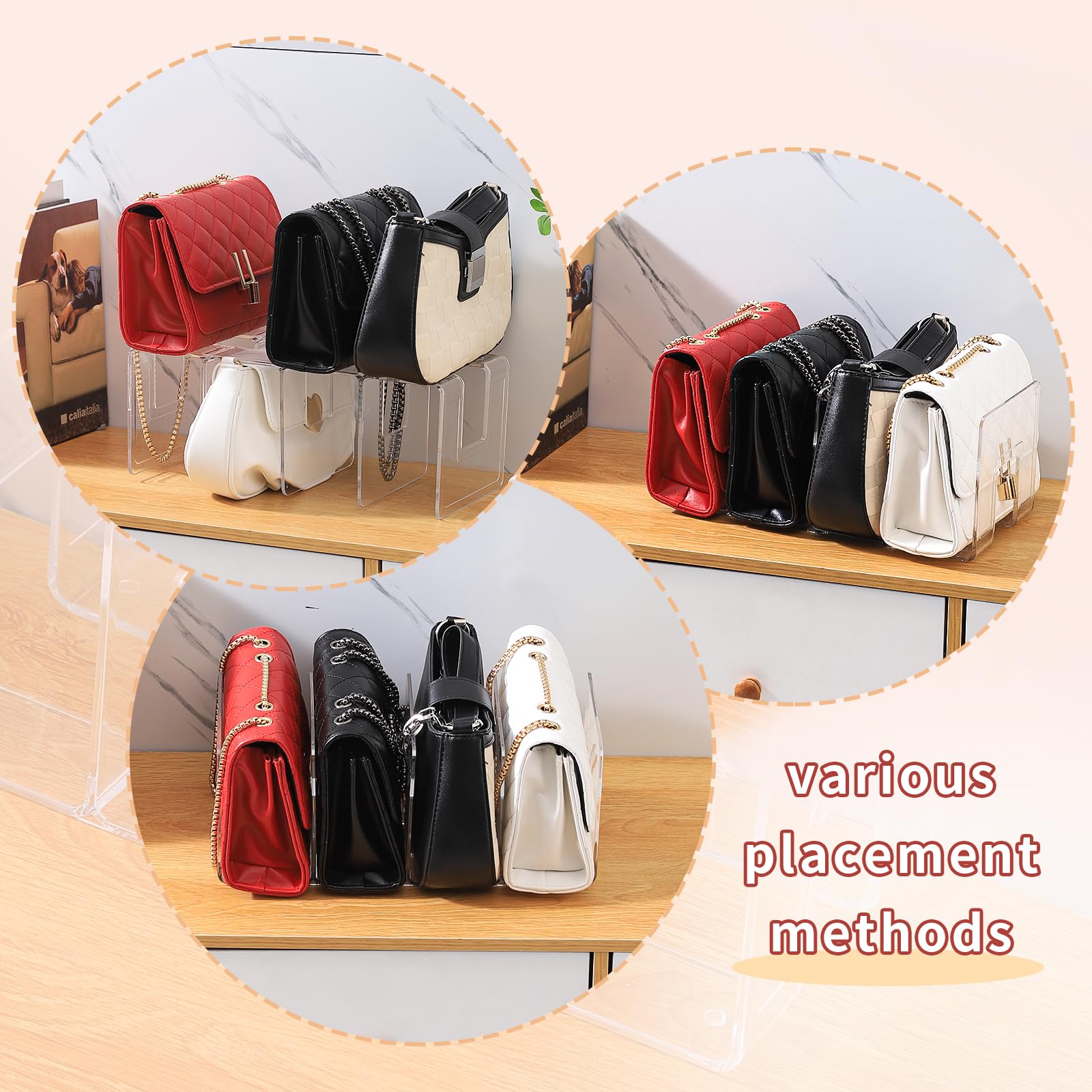 1 Pack Clear Plastic Purse Handbag Organizer 4 Sections Bag Closet Shelf Divider Purse Display Stand Handbag Storage Organizer Clear Desk File Sorter Stand Holder Bookshelf 13 x 6 x 5 Inches