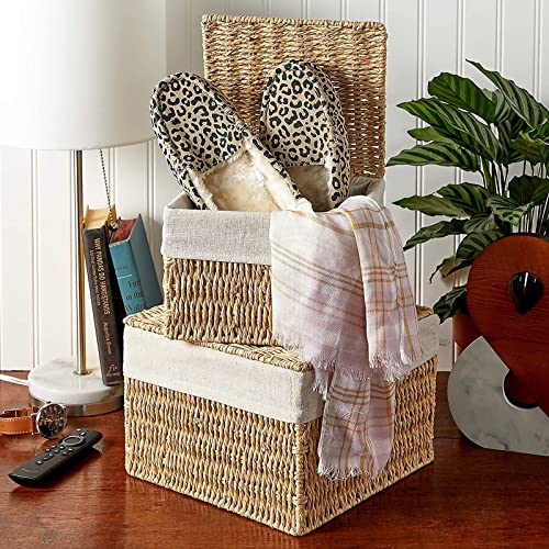 2-Pack Wicker Shelf Baskets with Lids and Removable Cotton Fabric Liners, Rectangular Home Storage Bins for Hand Towels, Toiletries, and Kitchen Counter (2 Sizes)