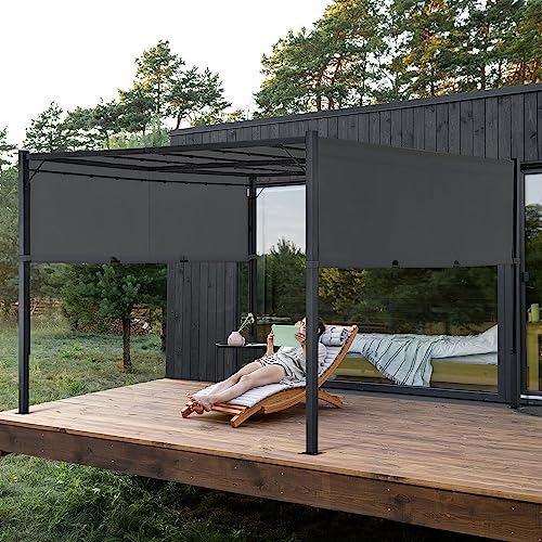 10 x10 Outdoor Pergola with Solar Lights and Adjustable Sun Shade Cover and Retractable Canopy for Backyard Deck Garden (Grey)
