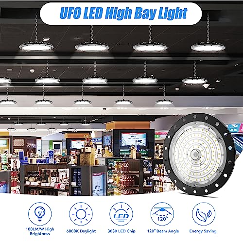 10 Pack 200W UFO LED High Bay Light, 20000LM LED High Bay Light Fixture with 110V US Plug, 6500K Daylight White Commercial Warehouse Area Light for Wet Location Area, Workshop, Warehouse, Garage
