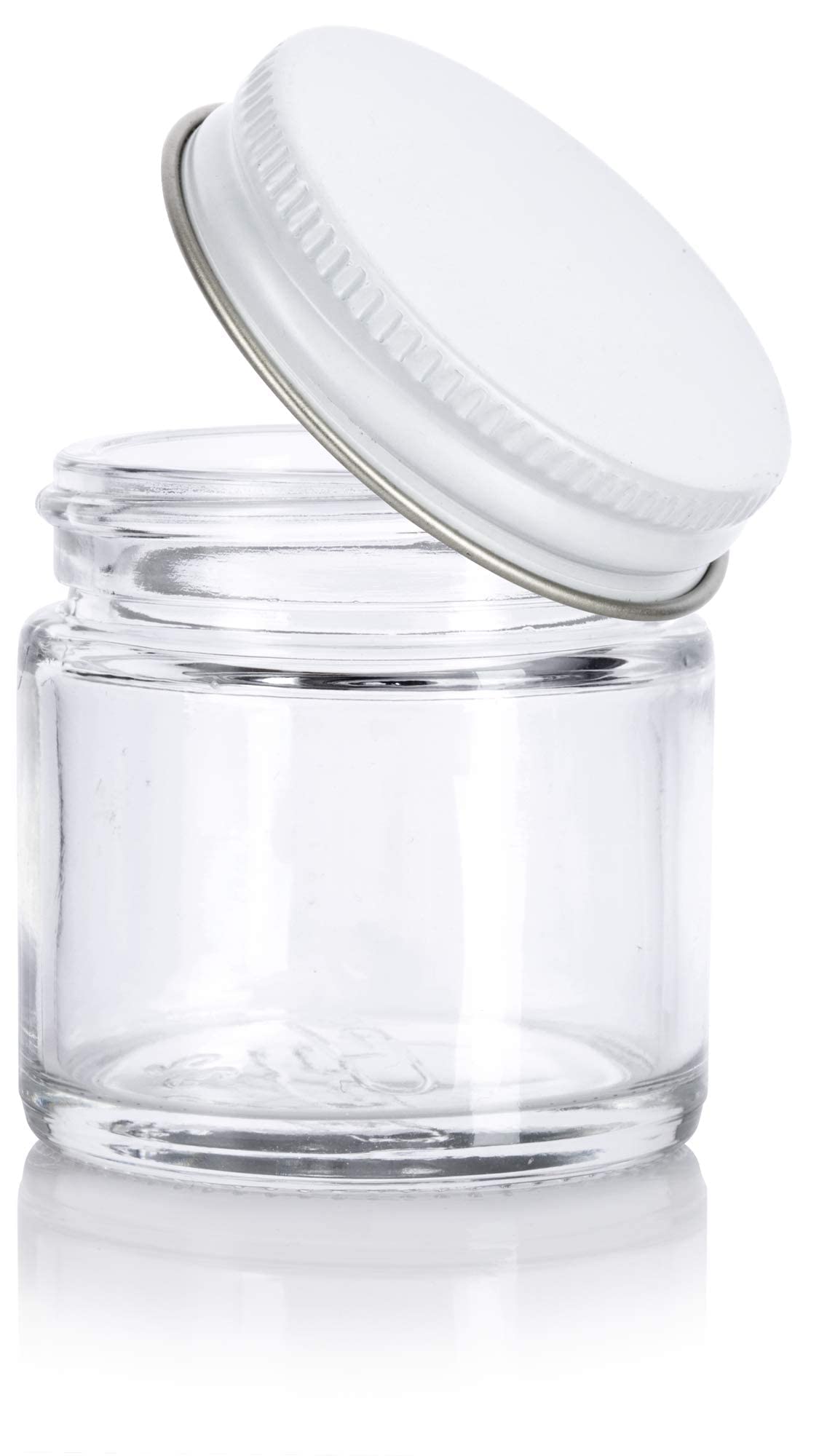 1 oz / 30 ml Clear Thick Glass Straight Sided Jar with White Metal Airtight Lid (4 pack)