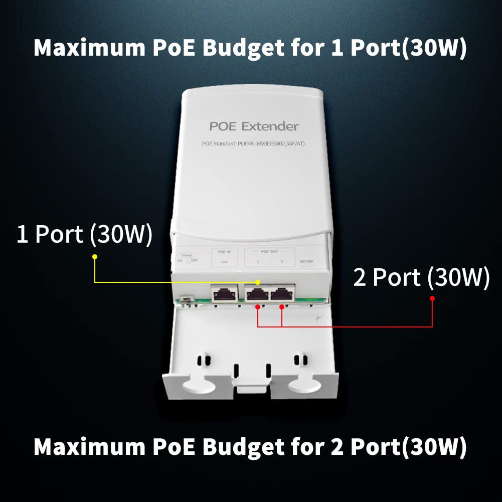 1 in 2 Out Outdoor Waterproof Poe Extender, 10/100Mbps, Extends 250m for Total Distance Up to 350m, IEEE802.3af/at for PoE Switch/Injector and Security POE Camera Over Cat5/6 Cable