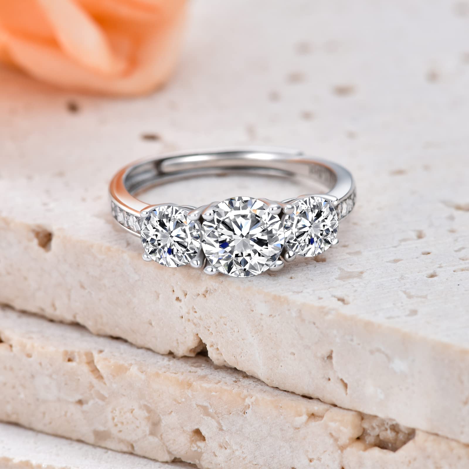 1 .15 Carat (ctw) 3-Stone Moissanite Adjustable Engagement Rings for Women Platinum Plated Silver Moissanite Rings (Adjustable size 5-9)