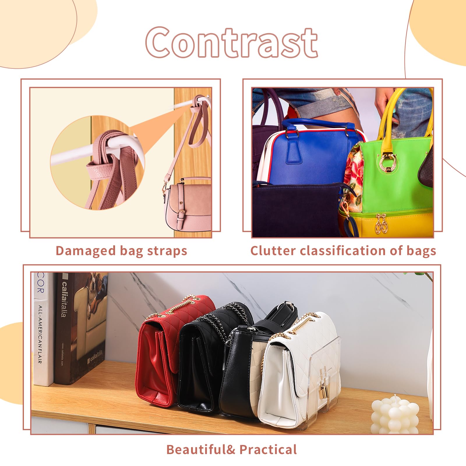 1 Pack Clear Plastic Purse Handbag Organizer 4 Sections Bag Closet Shelf Divider Purse Display Stand Handbag Storage Organizer Clear Desk File Sorter Stand Holder Bookshelf 13 x 6 x 5 Inches