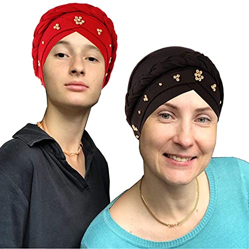 1 Pack / 2 Packs / 4packs Women Turban Twisted Beaded Braid Chemical Cancer Headscarf Cap Hair Covered Wrap Hat Coffee