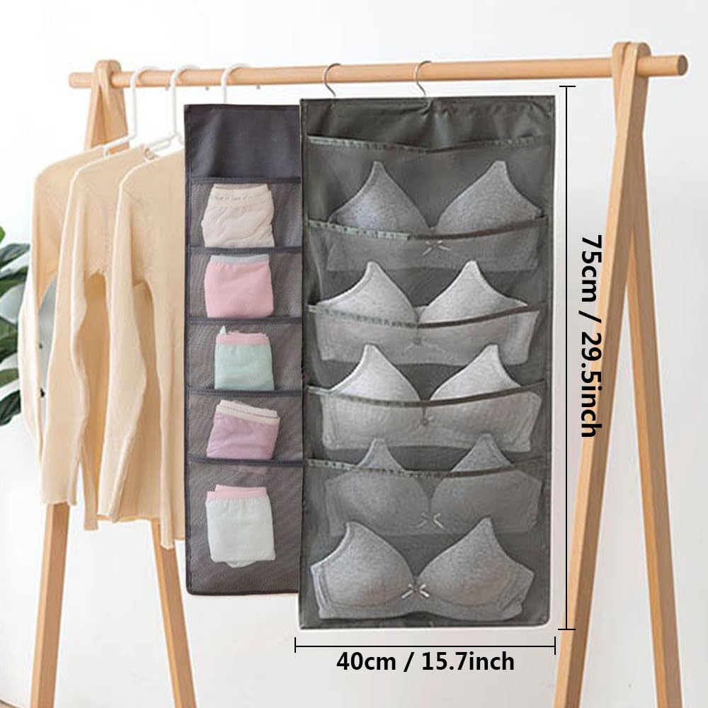 1 Pack Dual Sided Closet Hanging Organizer with Mesh Pockets & Metal Hanger, Wall Shelf Wardrobe Hanging Storage Bag for Bra Socks Underwear Storage, Space Saving Closet Hanging Shelves Storage(Grey)