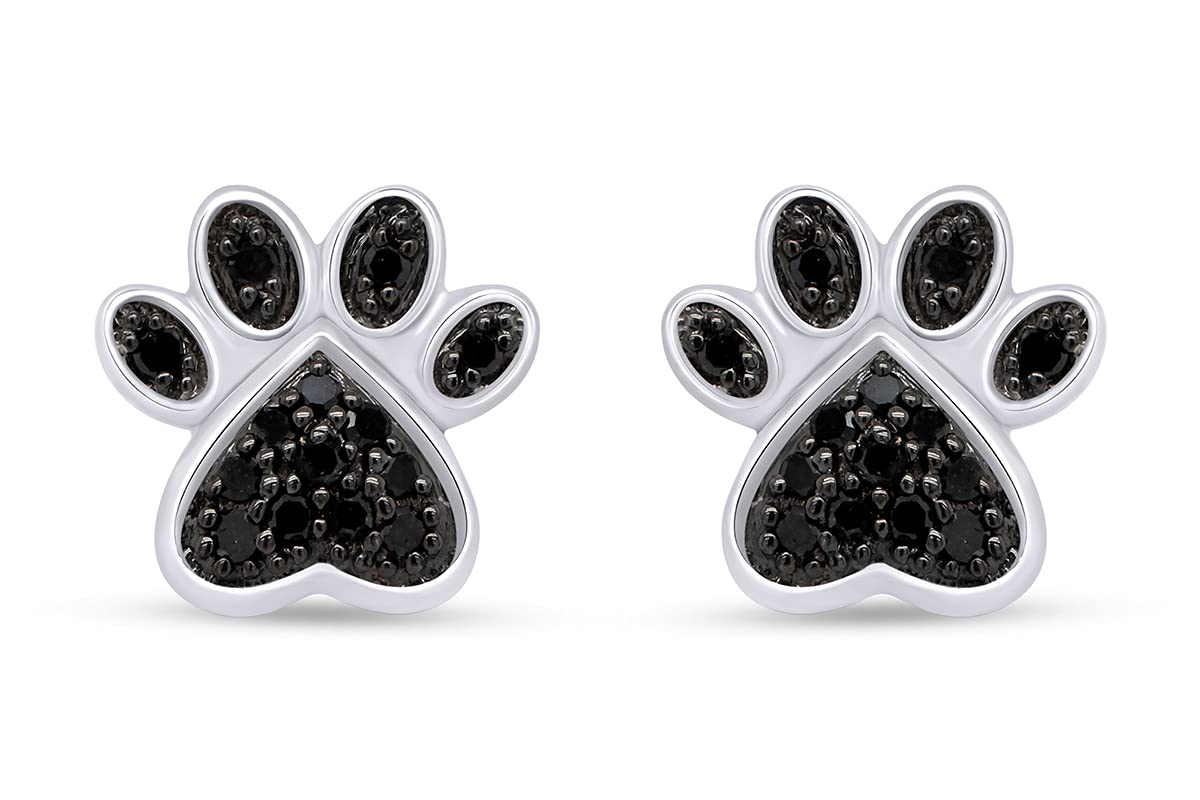 0.25 carat Black Natural Diamond Accent Paw Print Stud Earrings in 14k White Gold Over Sterling Silver