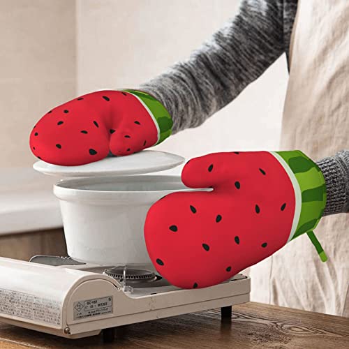 1 Pair Thickened Cartoon Watermelon Kitchen Silicone Oven Mitts, Summer Fruit Waterproof Polyester Pot Holder Gloves for Grilling Microwave