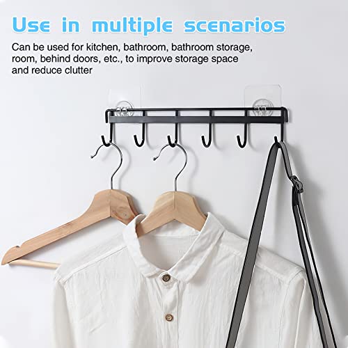 2 Pack Kitchen Adhesive Wall Hooks Rack Rail,Spoon Hanger for Kitchen Hanging Spatulas Measuring Spoons Space Saving No Drilling Hanger with 6 Hooks for Bathroom Bedroom Closet(Black)