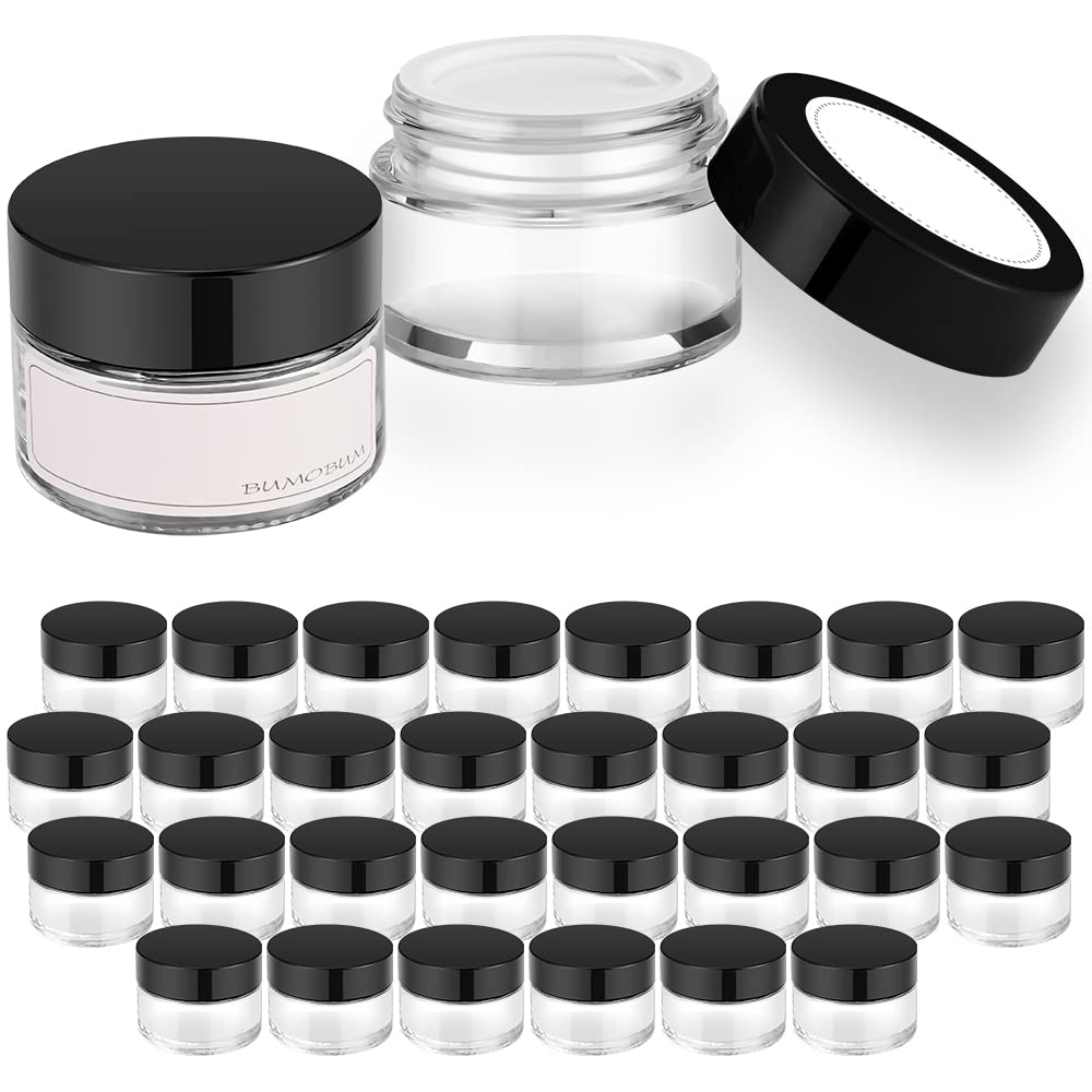 1 oz Small Glass Jars with Lids, 32 Pack Empty Round Clear Cream Jars with Black Lids & Inner Linner, Cosmetic Containers for Cream, Lotion, Powder, Candle, Mason
