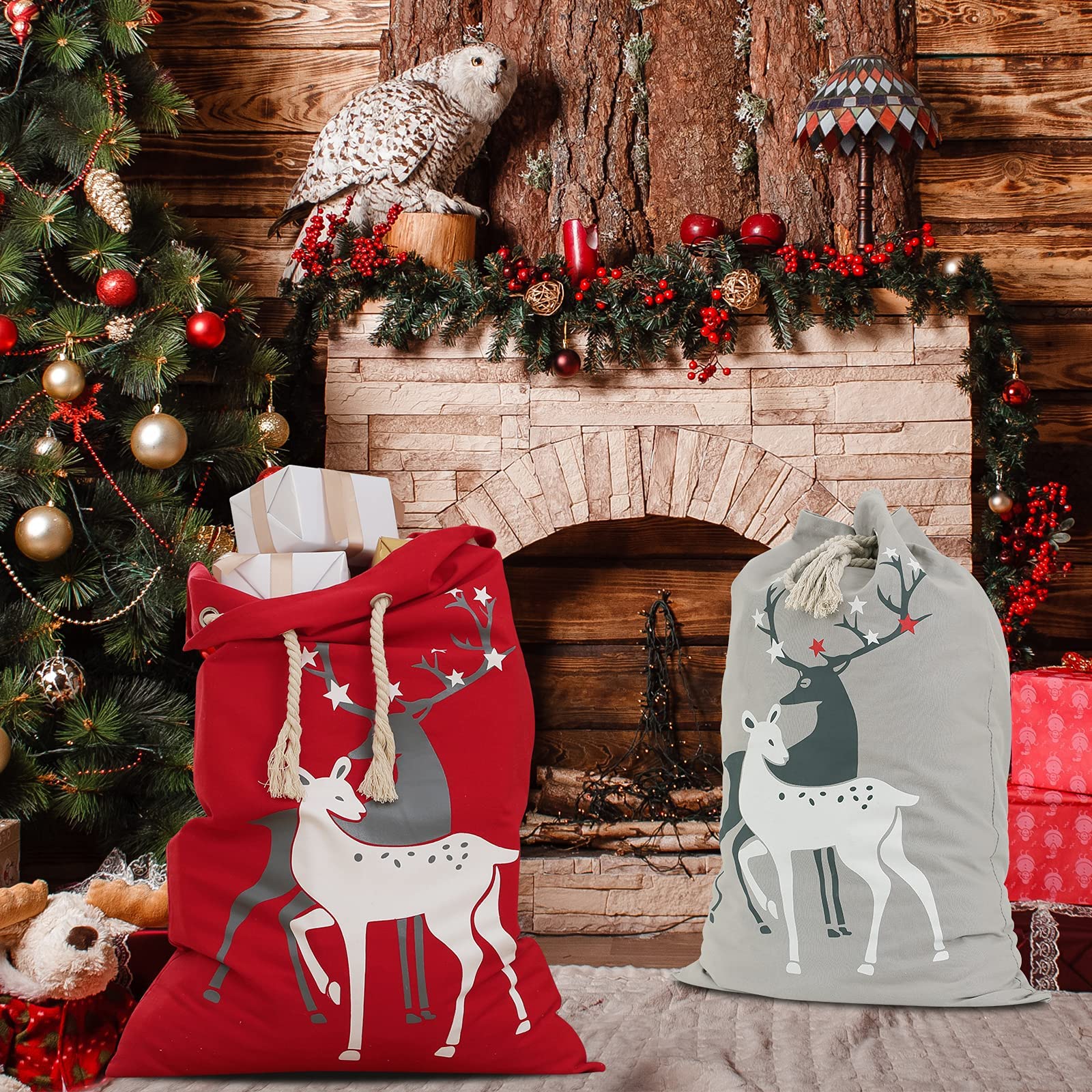 THOVSMOON Christmas Bag Santa Sack with Drawstring Reindeer Red Delivery Design Gift Bag Xmas Presents Large Size 19.5"x27.5"(Red Reindeer)