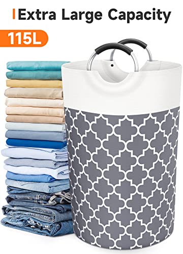 115L Laundry Basket, Laundry Hamper Bag Washing Bin Clothes Bag Collapsible Tall With Handles Waterproof Travel Bathroom College Essentials Storage For College Dorm, Family (Grey)
