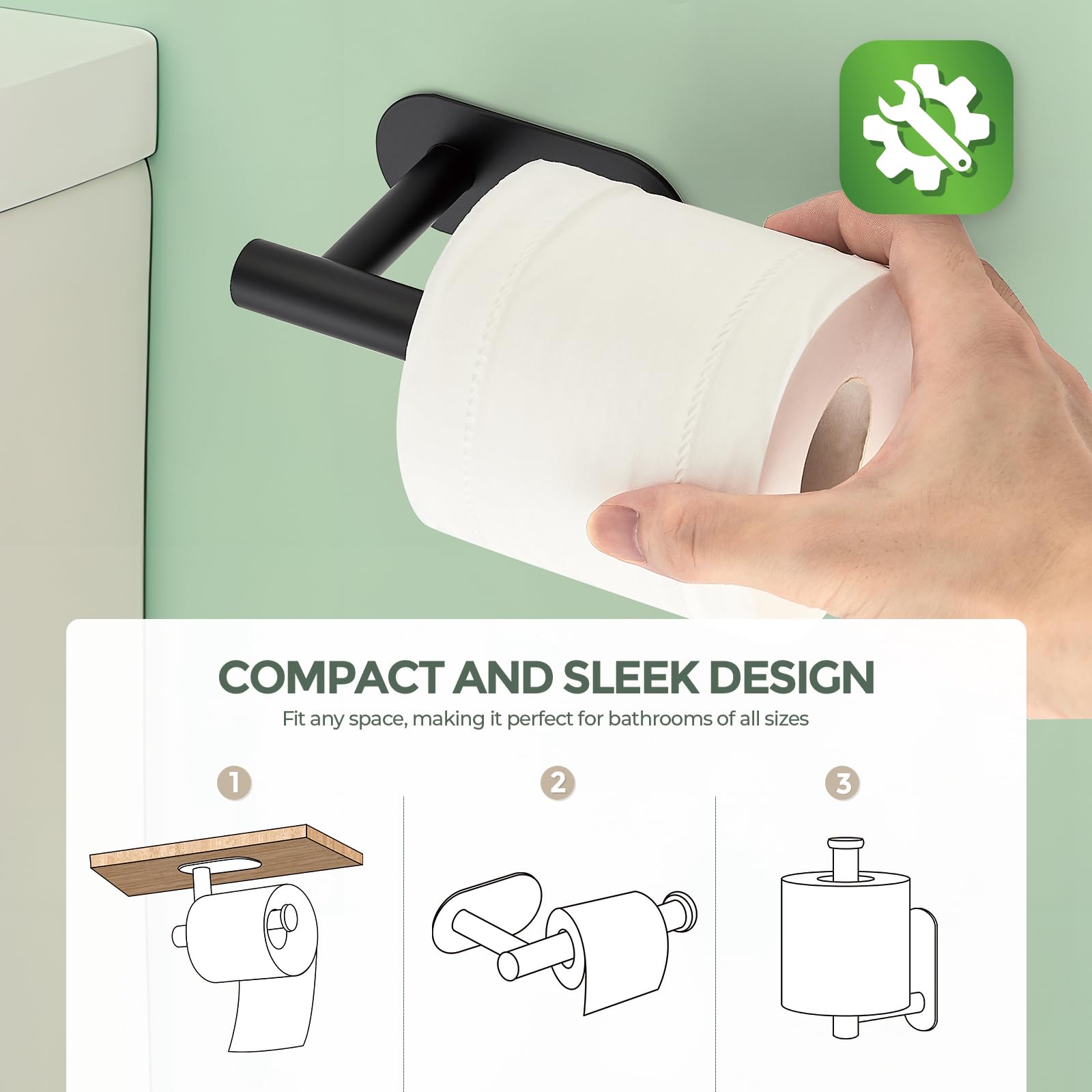 1 Pack Adhesive Toilet Roll Holder Stand - Matte Black SUS304 Stainless Steel, Rustproof Toilet Paper Holder No Drilling Tissue Holder for Kitchen Bathroom Wall Mount Bathroom Tissue Holder