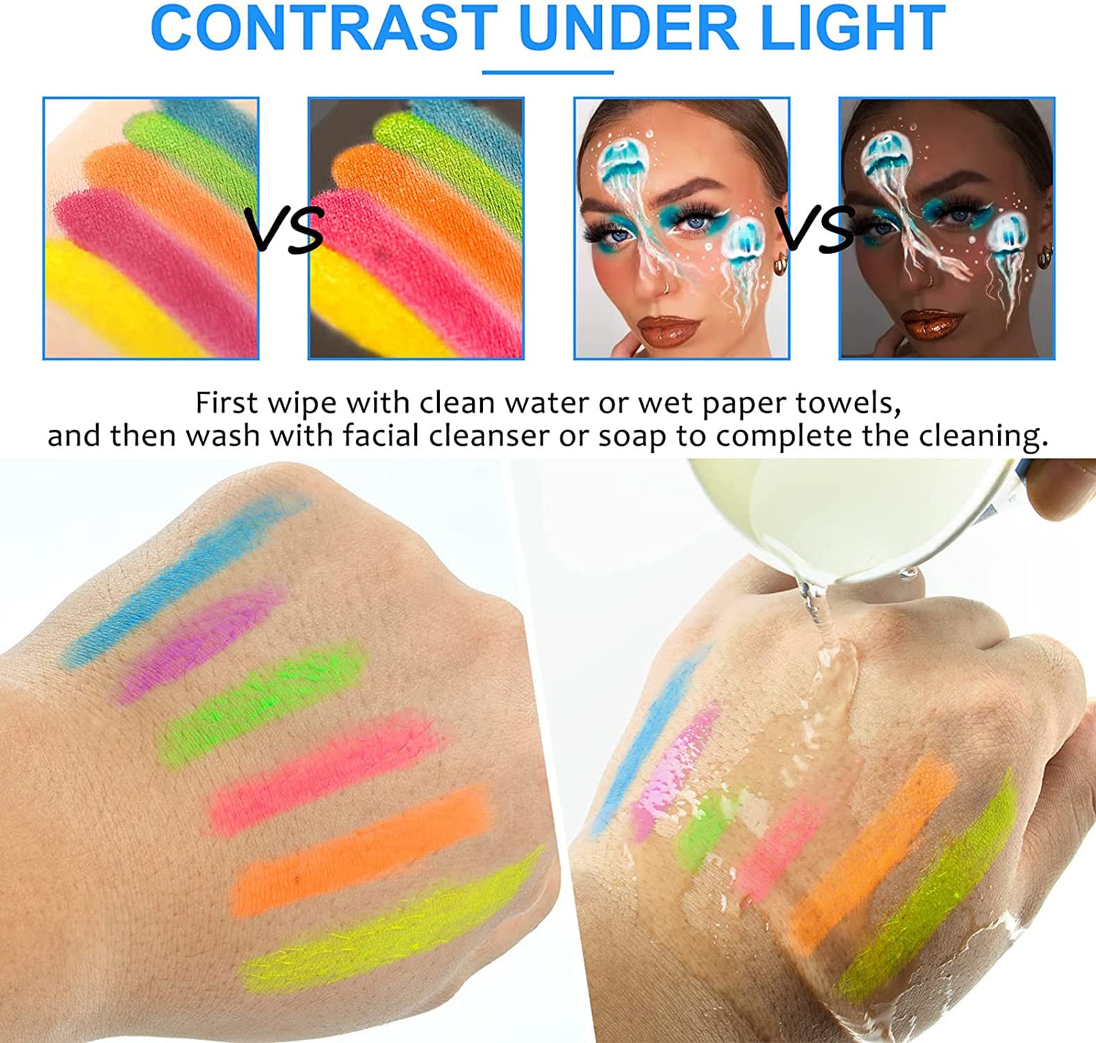 10 Colors Glow in The Black Light Face Paint Crayons Kit, UV Black Light Makeup Neon Face and Body Paint Sticks Markers for Mardi Gras Halloween Masquerades Makeup