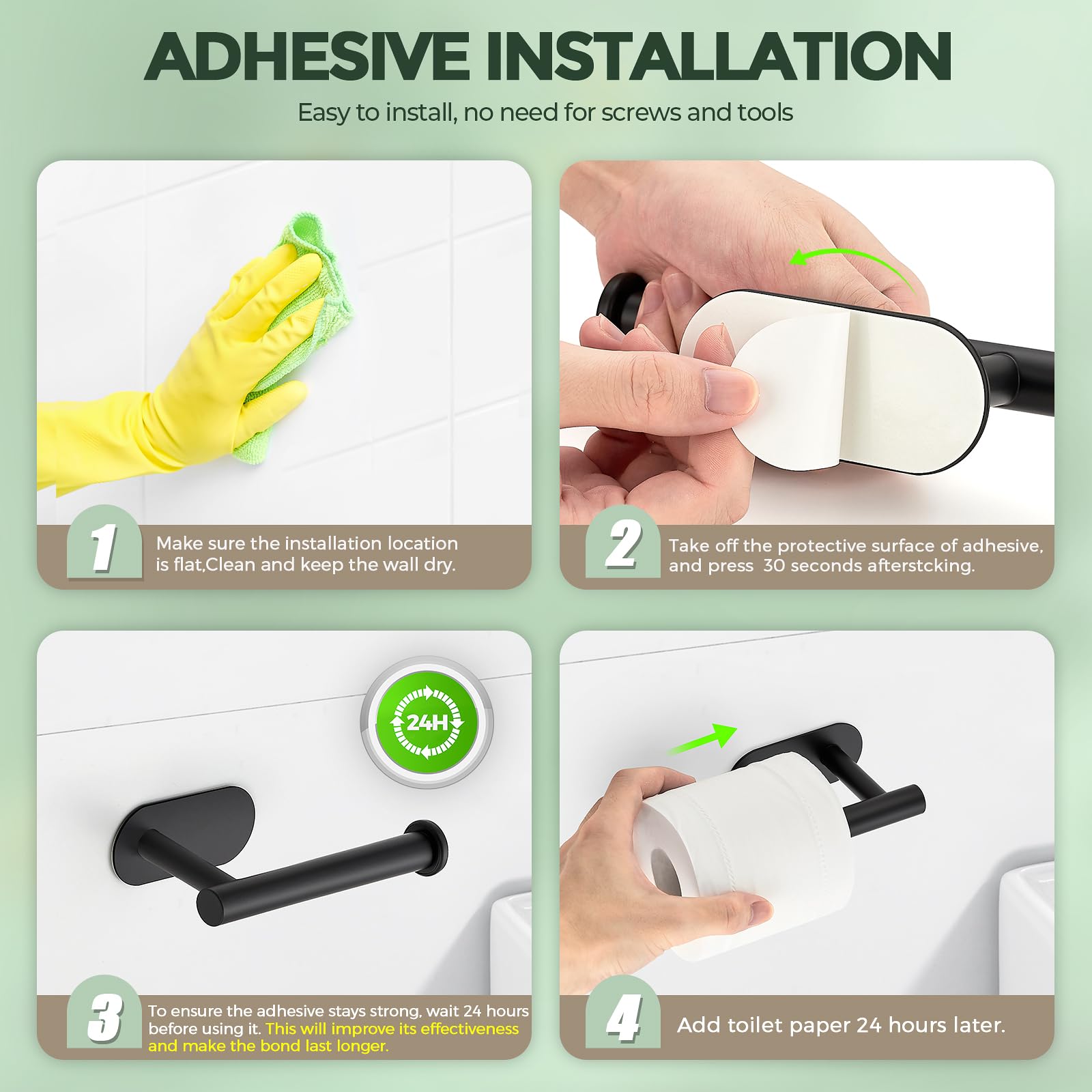 1 Pack Adhesive Toilet Roll Holder Stand - Matte Black SUS304 Stainless Steel, Rustproof Toilet Paper Holder No Drilling Tissue Holder for Kitchen Bathroom Wall Mount Bathroom Tissue Holder