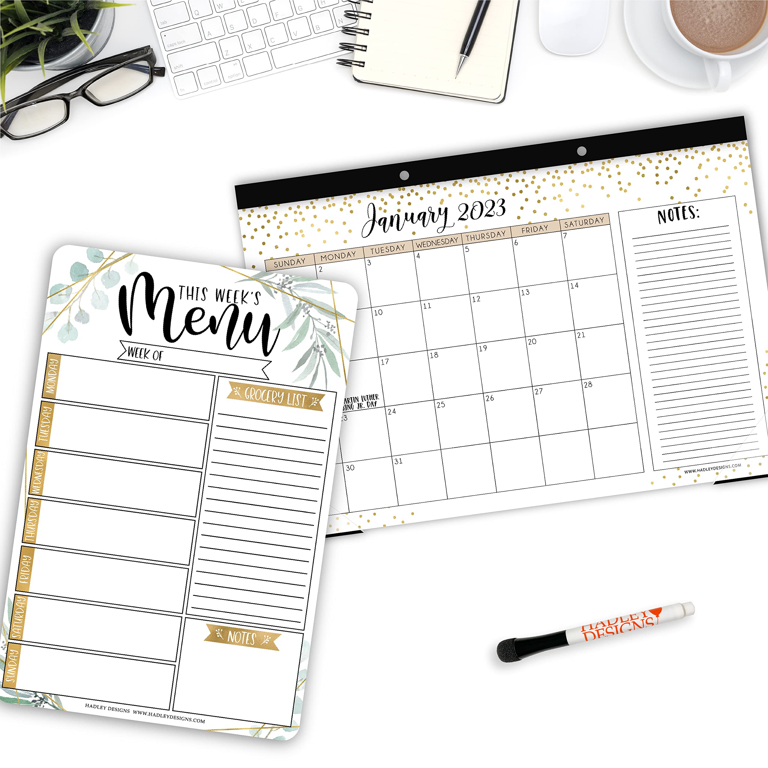 1 Gold Large Desk Calendar 2023-2024 Calendar Desk Pad, 1 Magnetic Weekly Meal Planner Dry Erase Board For Refrigerator, Large Calendar For Wall Calender 2023, Kitchen Conversion Chart