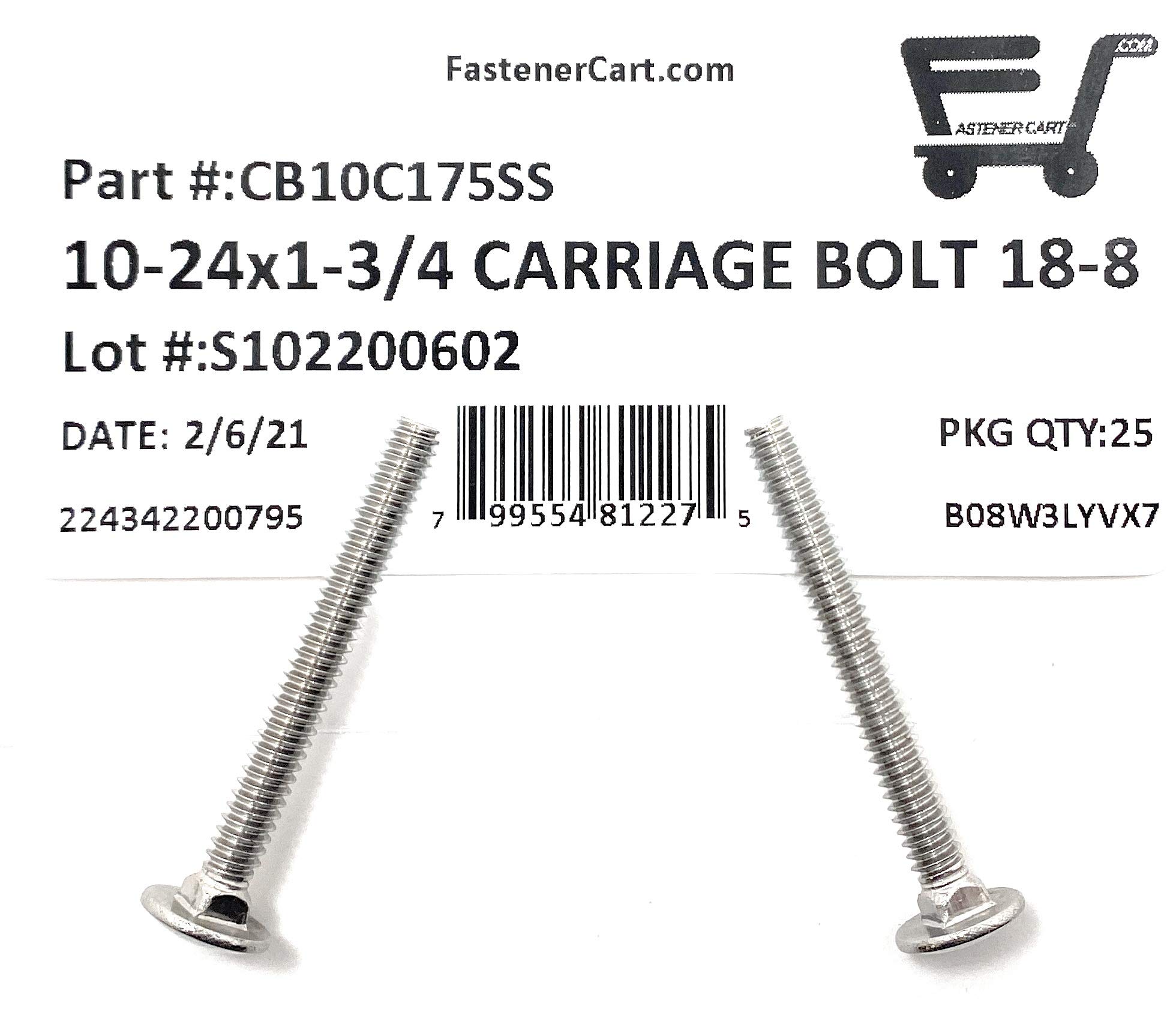 10-24x1-3/4 Carriage Bolts Stainless Steel 18-8 (25 Pieces)