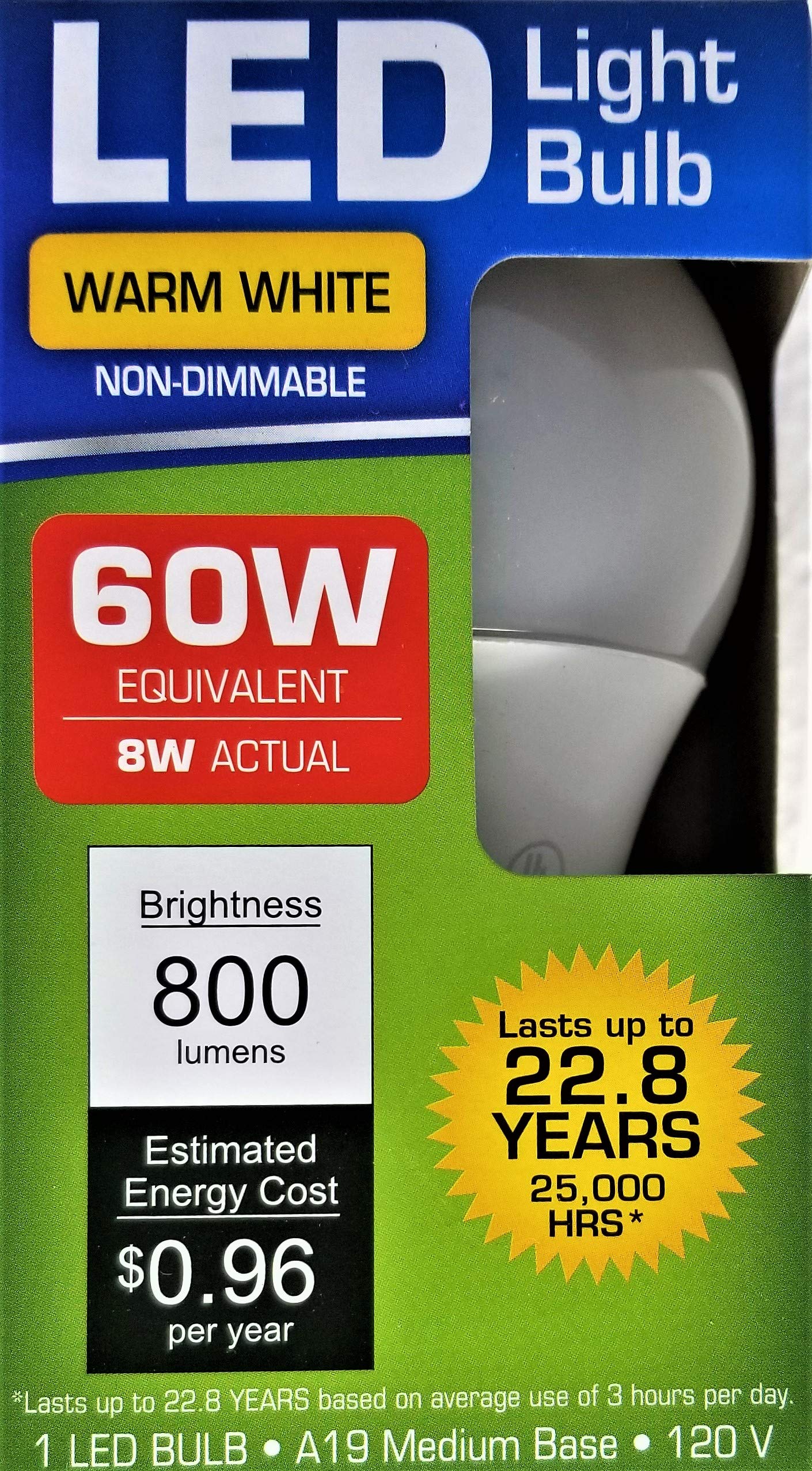 1 Led Energy Saving LED Light Bulbs 120v 60w/8w A19 Medium Base Warm