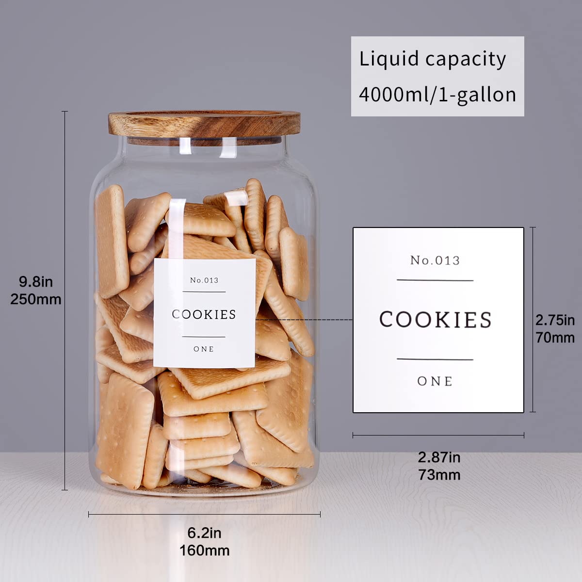 1 Gallon Large Glass Cookie jar with Airtight Acacia lids - Thicken Big Food Storage Containers with 42 Kitchen Waterproof Pantry Labels Preprinted - Clear Glass Canister for Flour, Rice, Coffee
