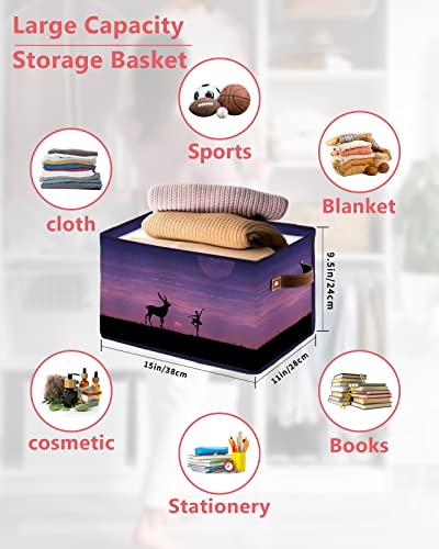 1 Pack Forest Deer Cube Storage Organizer Bins with Handles,Collapsible Canvas Cloth Fabric Storage Basket,Wild Purple Starry Sky Sunset Dancing Women Books Kids' Toys Bin Boxes for Shelves,Closet
