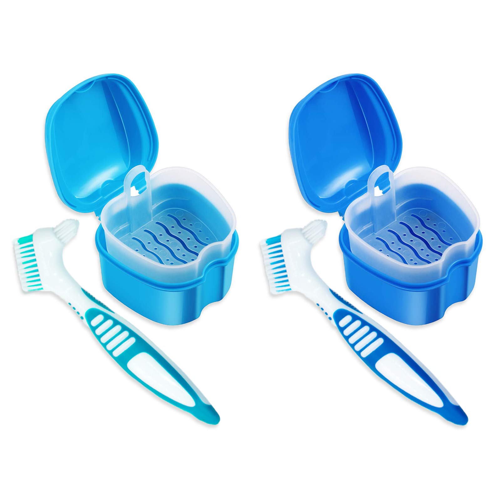 4 Pcs False Teeth Container, Denture Base Holder Box, Soaking Denture Bath with Strainer Basket & Denture Brush for Travel Overnight Denture Cleaning Case(Blue Green)