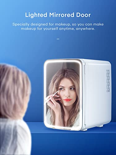 10 Liter/11 Can Mini Skincare Fridge with 3-Mode LED & Mirror, 110V AC/12V DC Portable Cooler & Warmer Small Refrigerator for Skin Care Cosmetic Makeup, Perfect for Office Bedroom Dorm Car, White